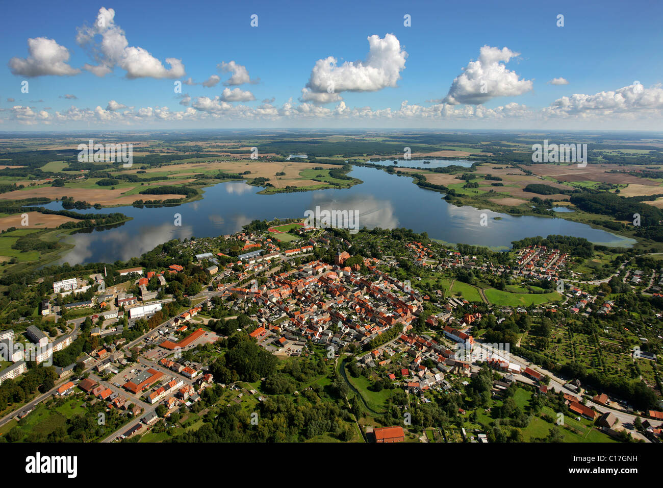 Aerial view, Sternberg, Lake Sternberg, Mecklenburg lake district ...