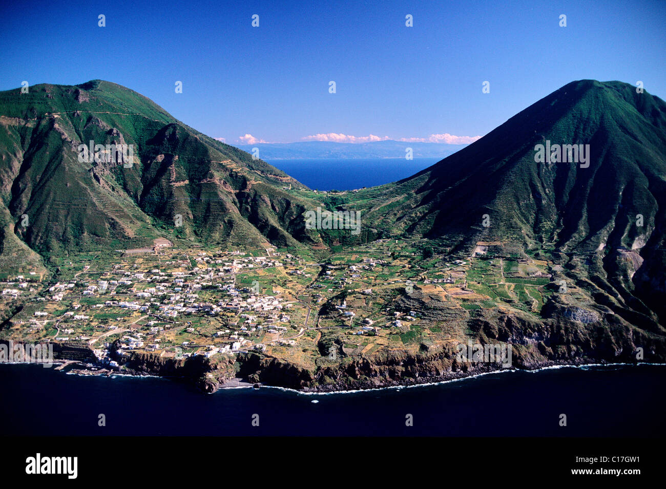 Italy, Sicilia, Eolie Island, Salina Island, Malfa village (aerial view ...