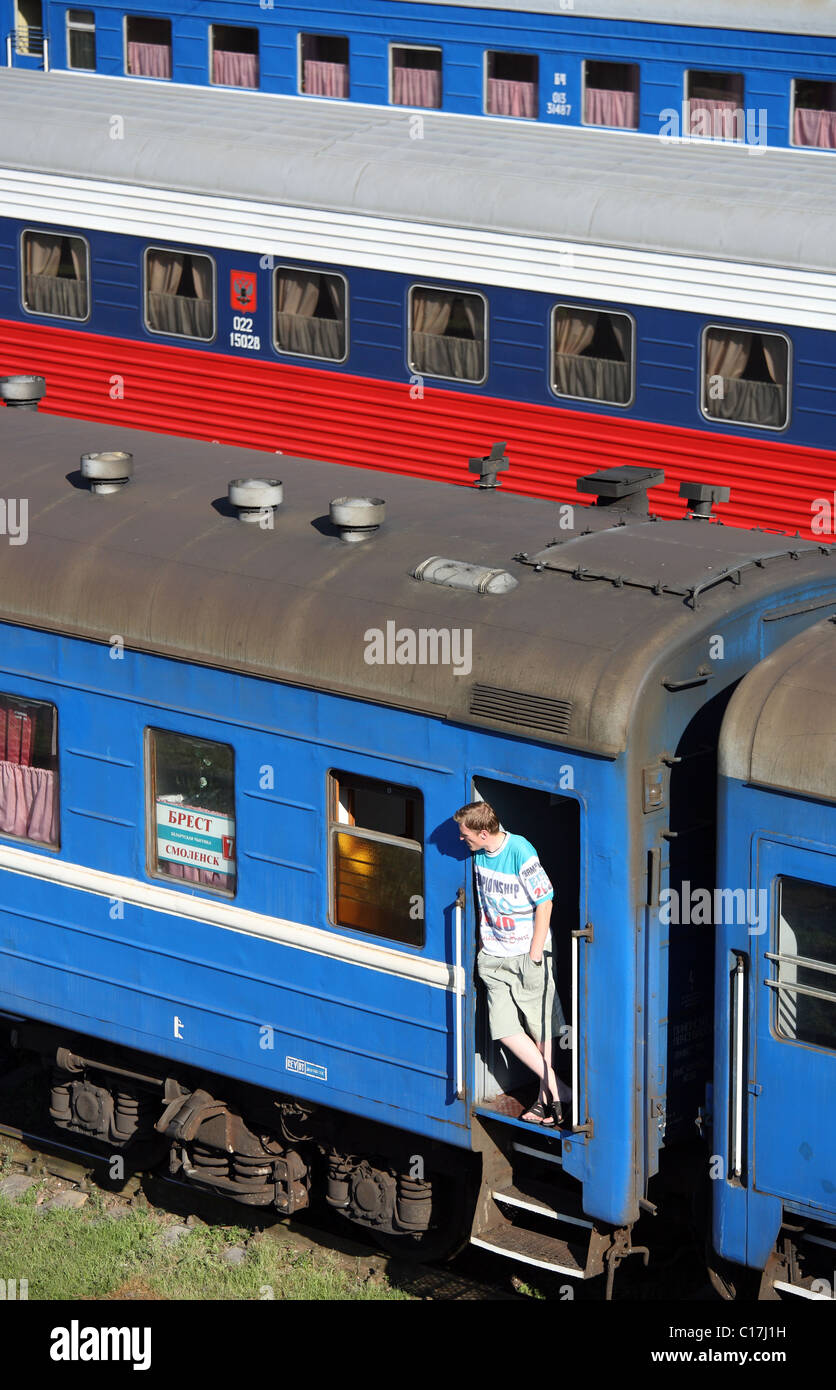 A passenger train at the Brest Central Railway Station, Brest, Belarus ...