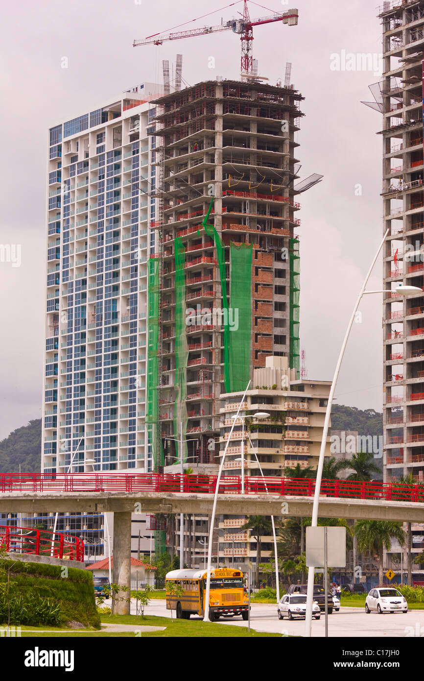 PANAMA CITY, PANAMA - pedestrian bridge and skyscrapers on Balboa ...