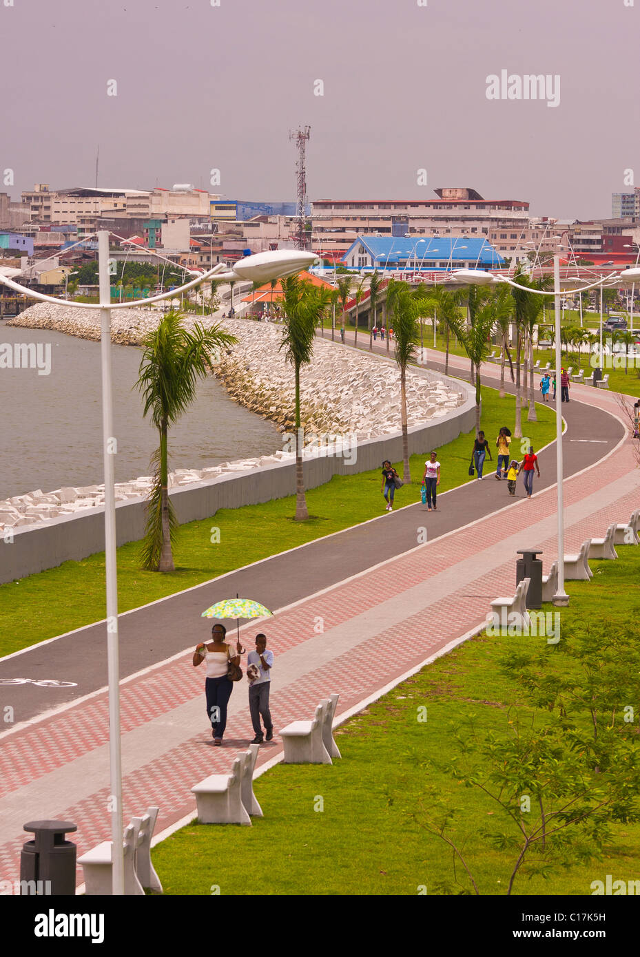 PANAMA CITY, PANAMA - Pedestrian walkway in park on Balboa Avenue on ...