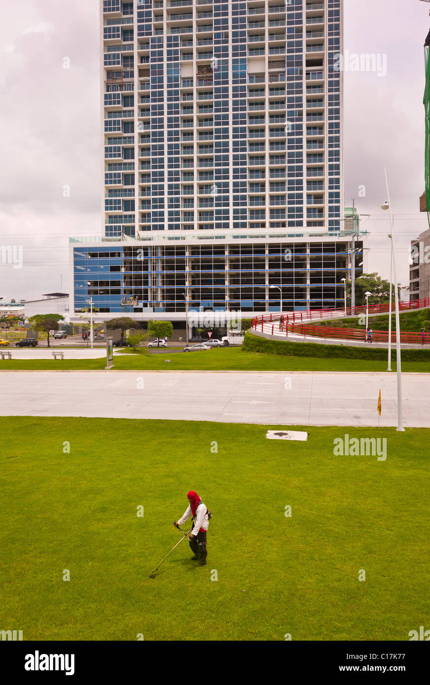 PANAMA CITY, PANAMA - Man uses weedwacker to cut grass in park on ...