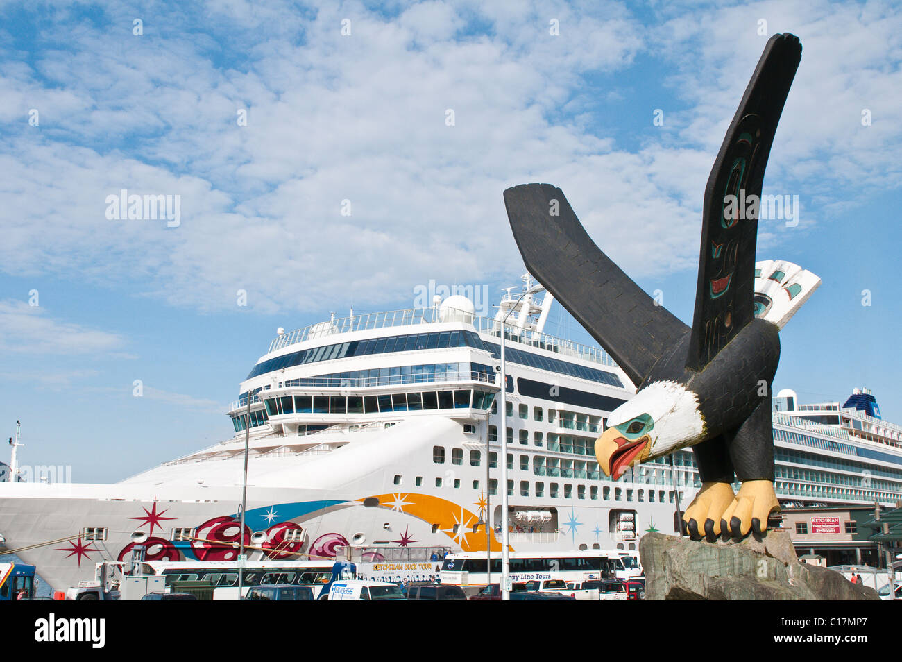 Ketchikan, Alaska. Cruise ship and Bald eagle totem near cruise ...
