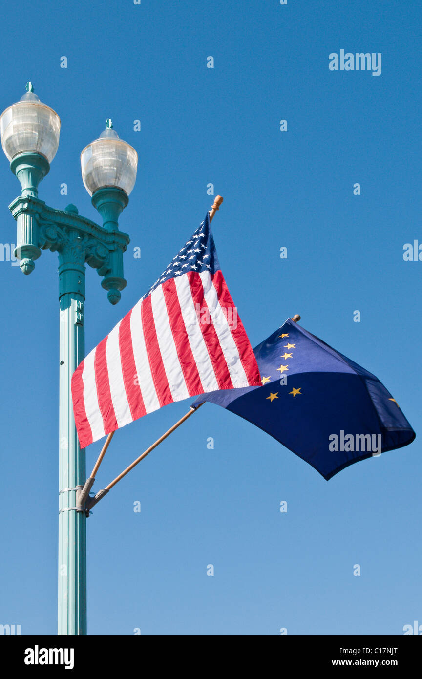 Ketchikan, Alaska. USA and Alaskan flags Ketchikan, Southeast Alaska ...