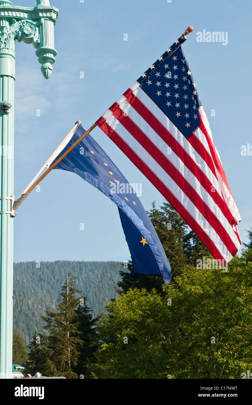 Ketchikan, Alaska. USA and Alaskan flags Ketchikan, Southeast Alaska ...