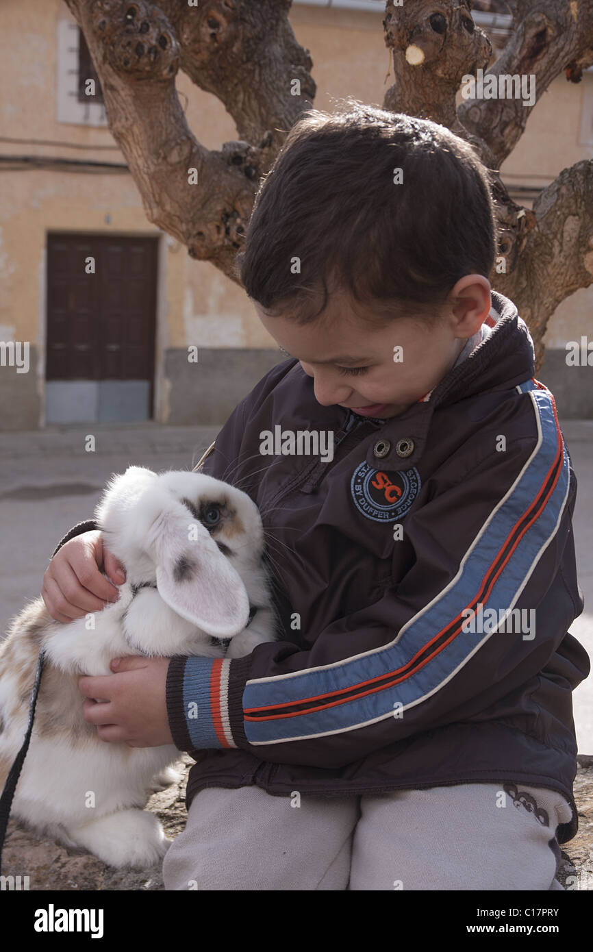 little boy with pet rabbit on lead Stock Photo - Alamy