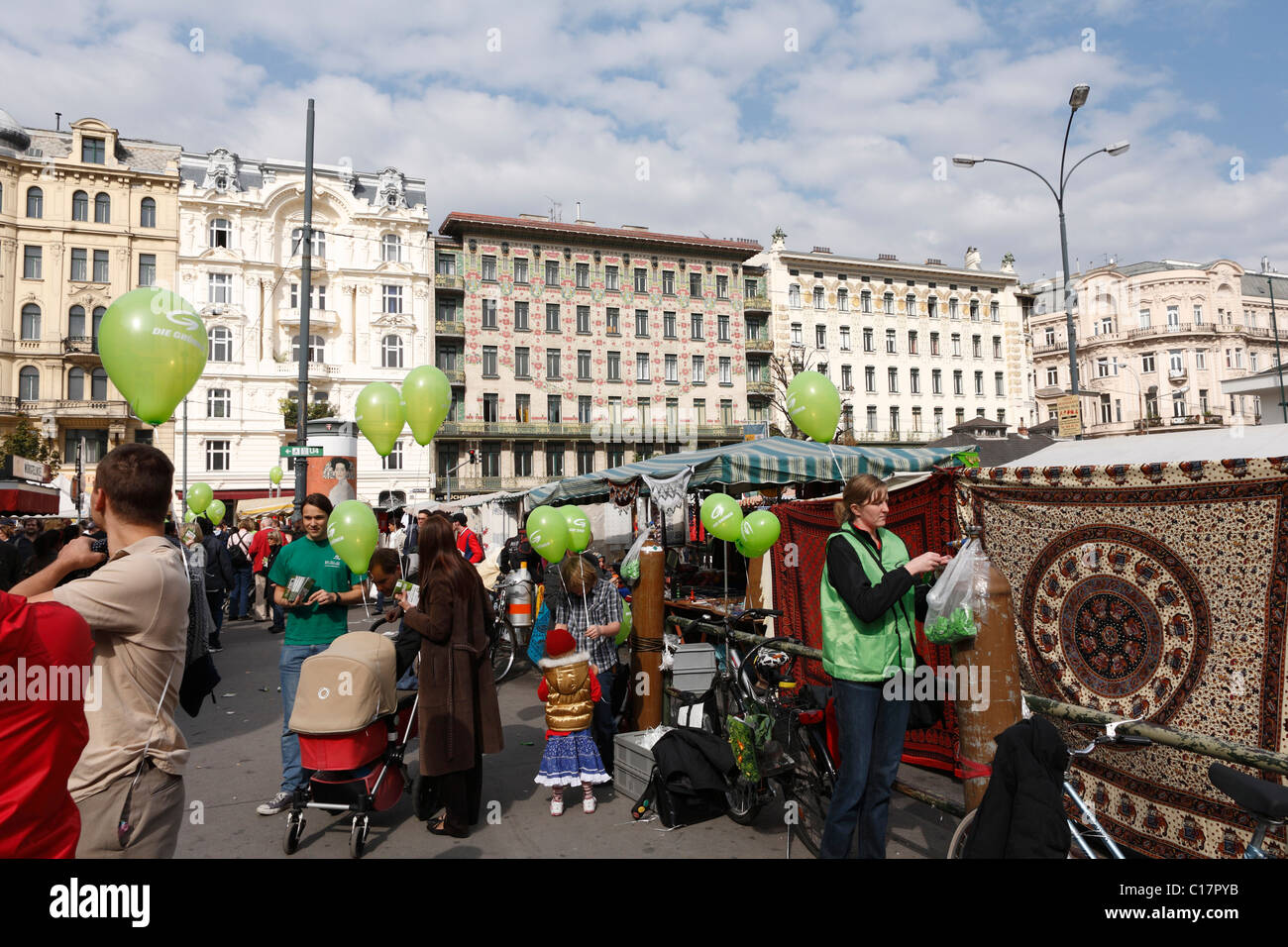 Flea market at the Naschmarkt, famous Viennese market, Majolikahaus ...