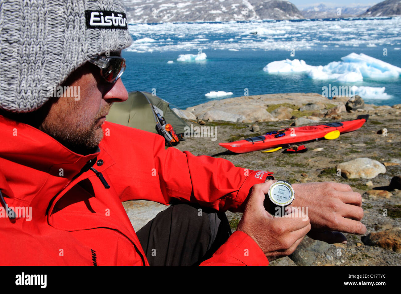 Compass, multifunction watch, kayaker camping in the Johan-Petersen ...