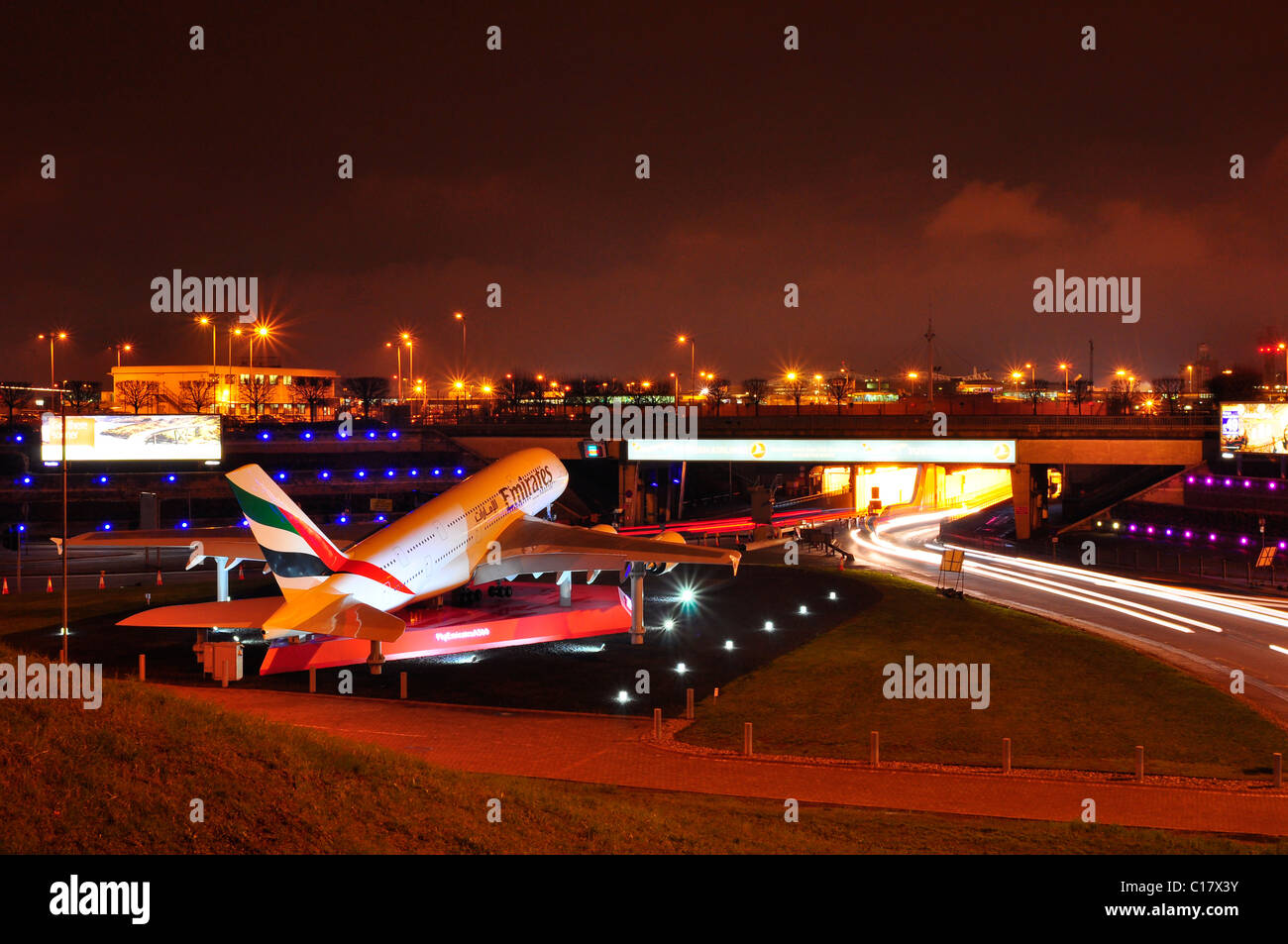 Entrance and tunnel into Heathrow Airport with large replica aircraft ...