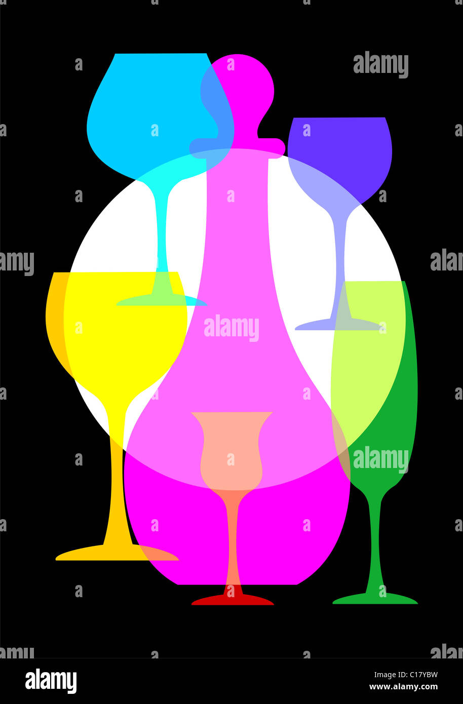 Colorful wine glasses and bottle set on black background Stock Photo ...