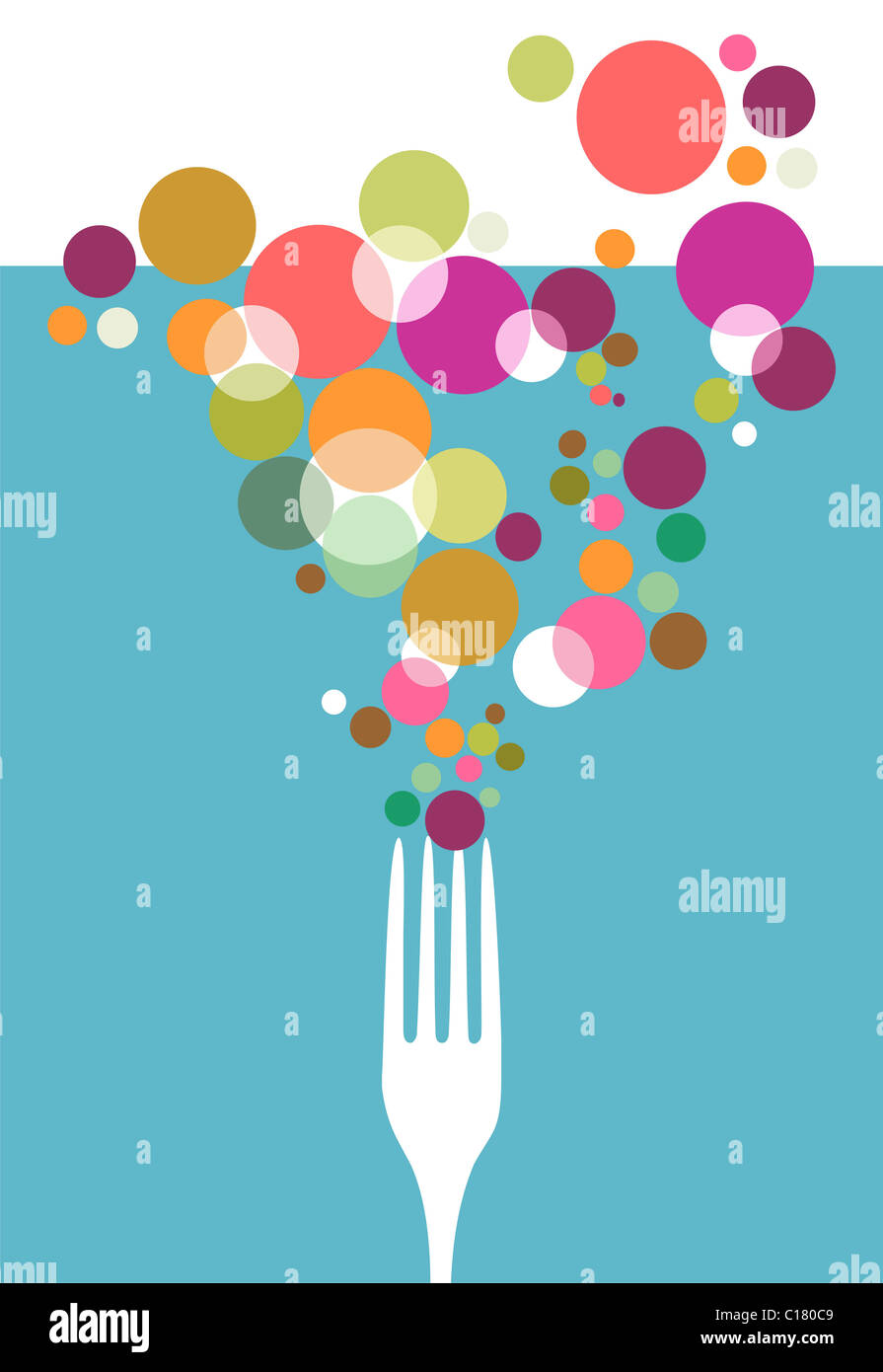Cutlery icons. One fork silhouette with colorful circles on light blue ...