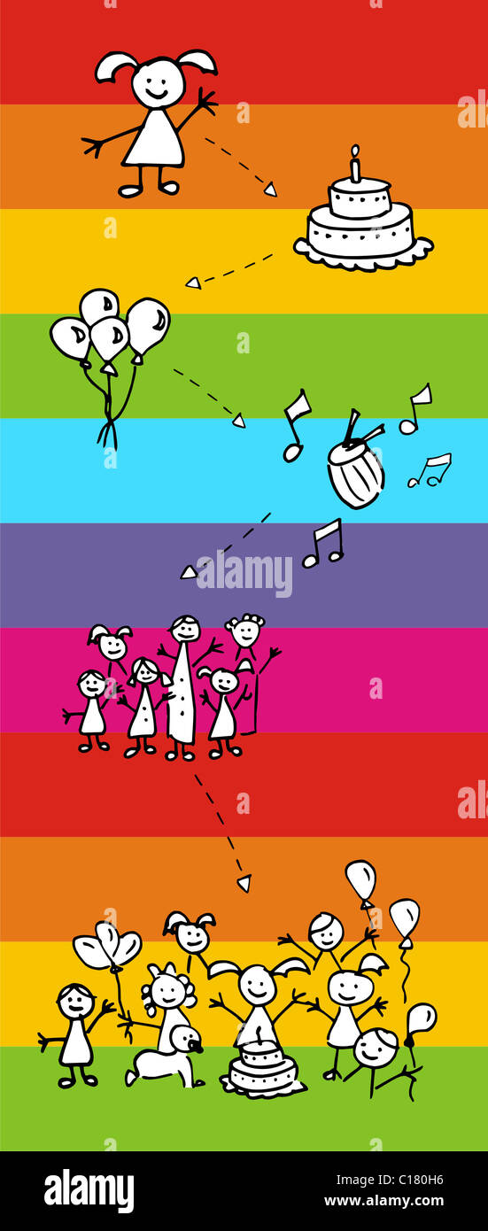 Happy birthday happiness and fun sequence. Friendly cartoon characters ...