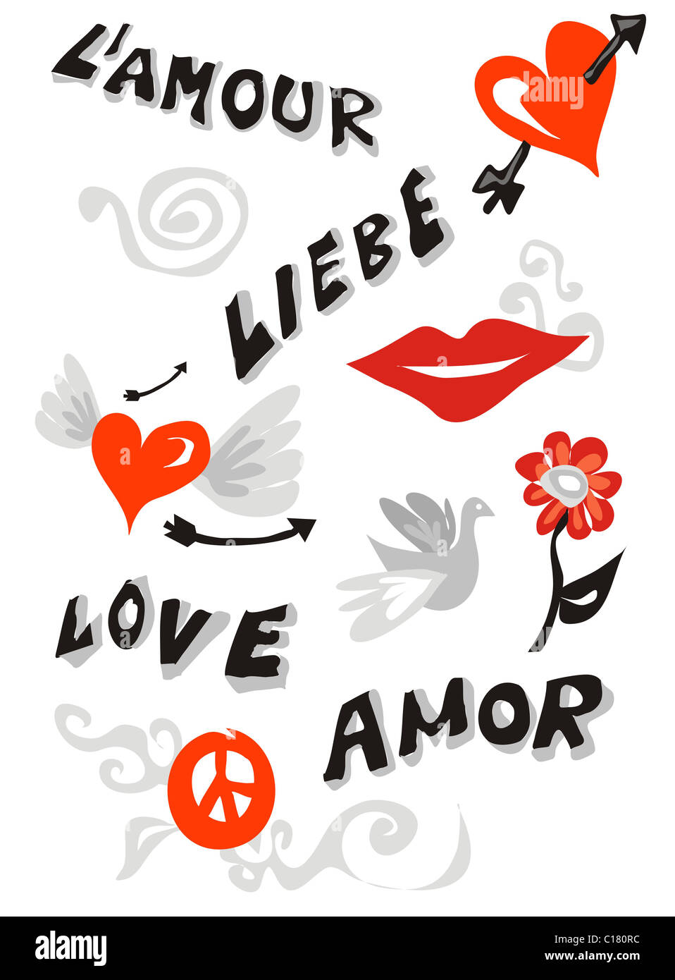 Word love written in different languages and several cute icons. Vector ...