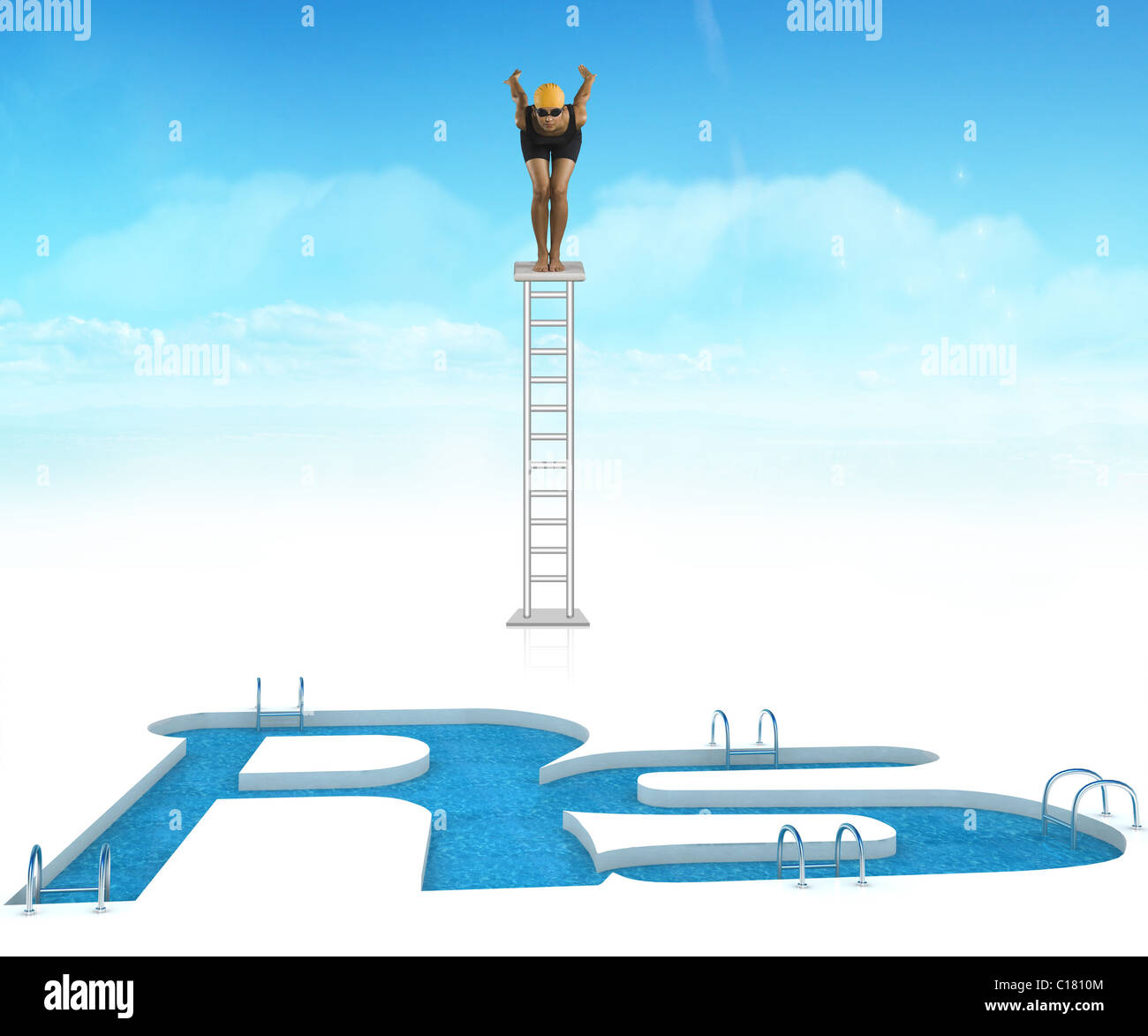 Woman jumping into rupee sign pool Stock Photo - Alamy
