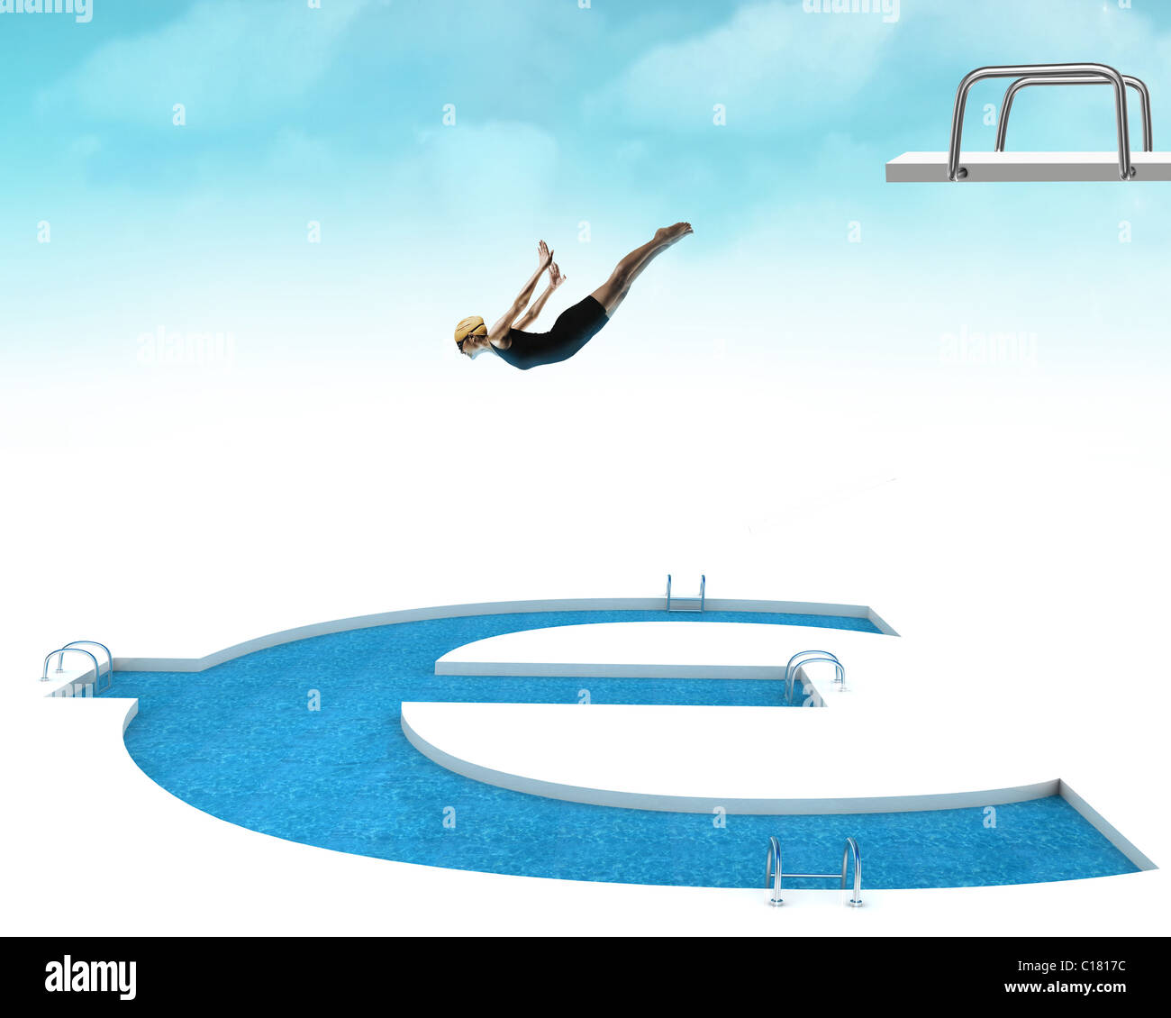 Woman jumping into a Euro symbol pool Stock Photo - Alamy