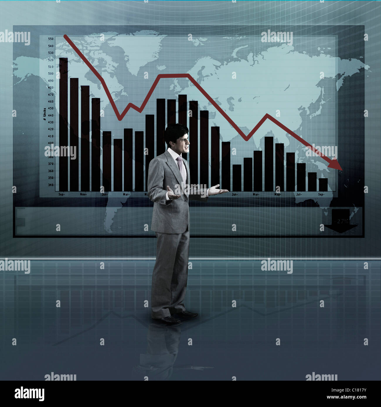 Businessman standing in front of a declining line graph Stock Photo - Alamy