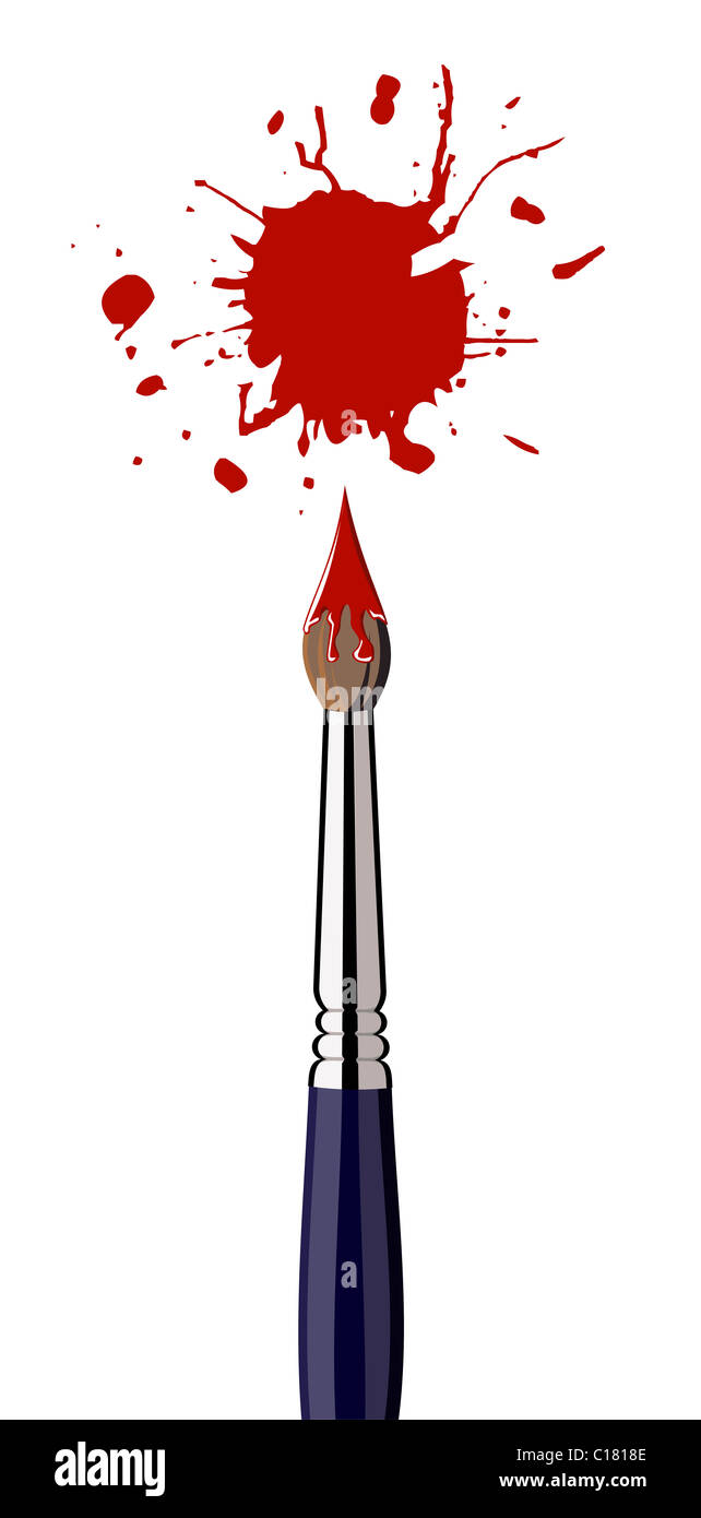 Single paint brush with red splattered paint. White background. Vector ...