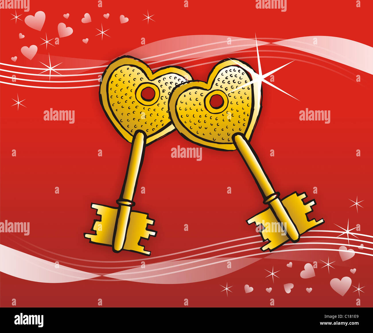Golden heart-shaped keys over a red romantic background Stock Photo - Alamy