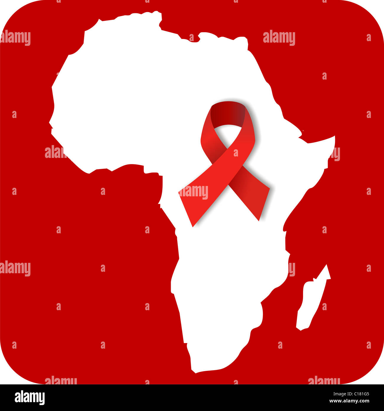 The african continent with a red ribbon over a red rounded square ...