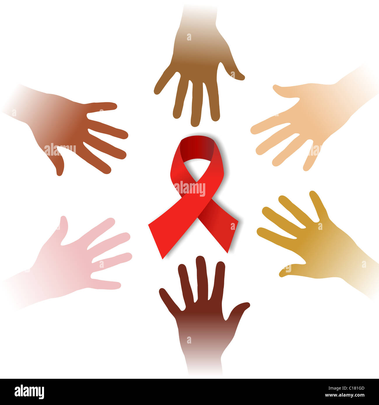 Diversity hands illustration around AIDS symbol Stock Photo - Alamy