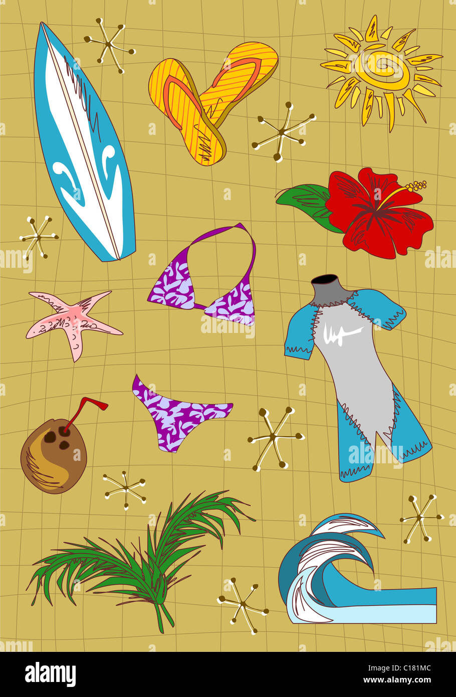 Cartoon style beach and surfing icons set. Vector avaliable Stock Photo ...