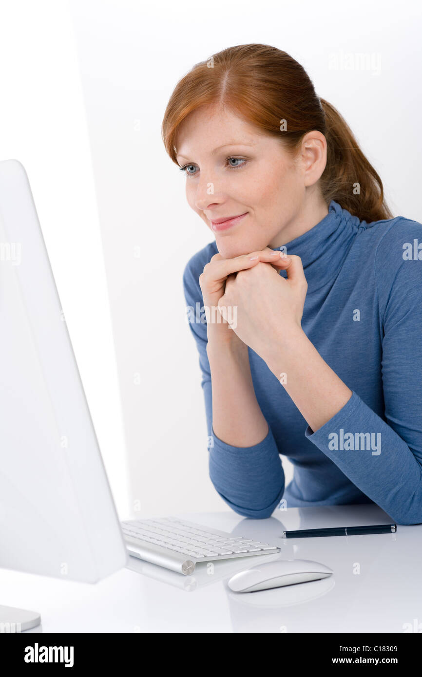 Modern office - young business woman work at computer Stock Photo - Alamy