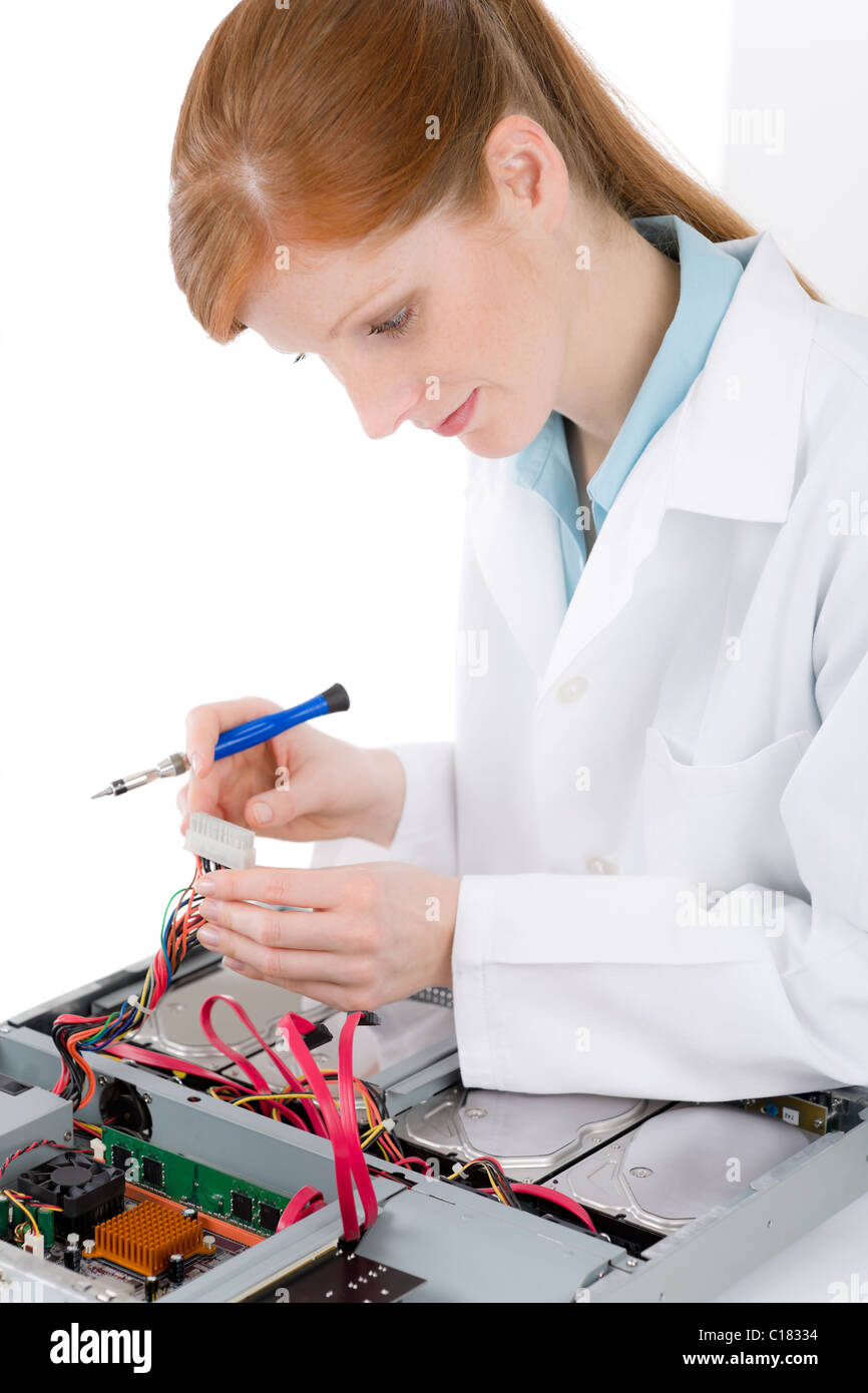 Female support computer engineer - IT woman repair defect Stock Photo ...