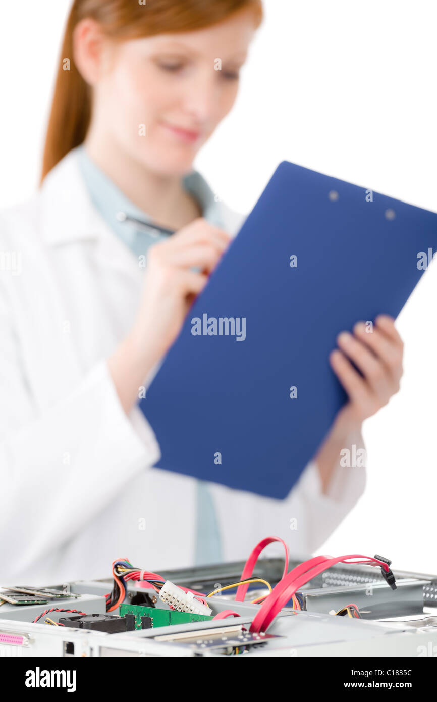 Female support computer engineer - IT woman repair defect Stock Photo ...