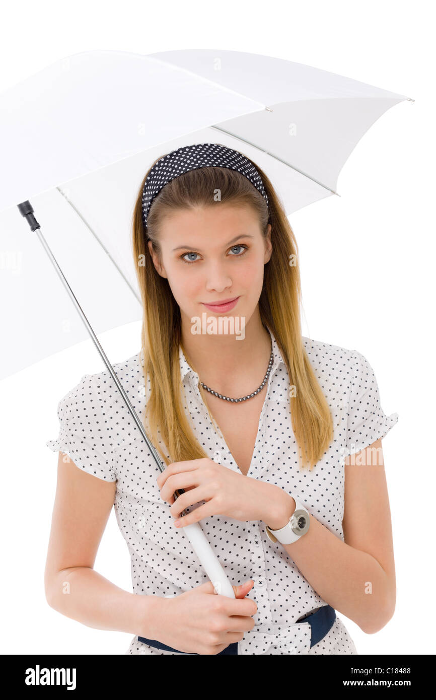 Fashion model - young woman hold umbrella in summer designer clothes ...