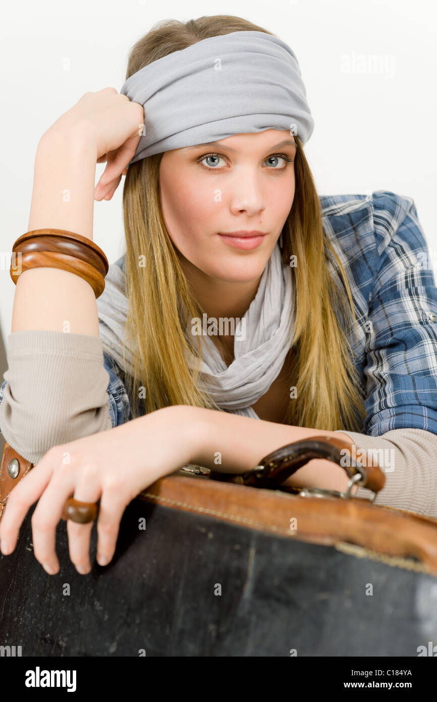 Fashion model - young woman posing in country style clothes Stock Photo ...