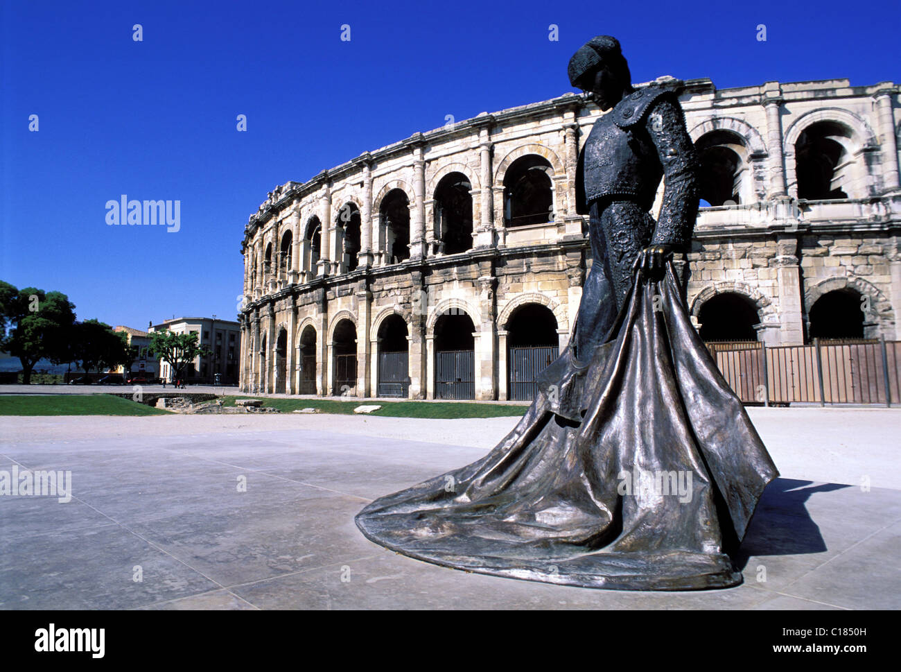 France, Gard, Nimes, Place des arenes, Nimeno II torero statue by ...