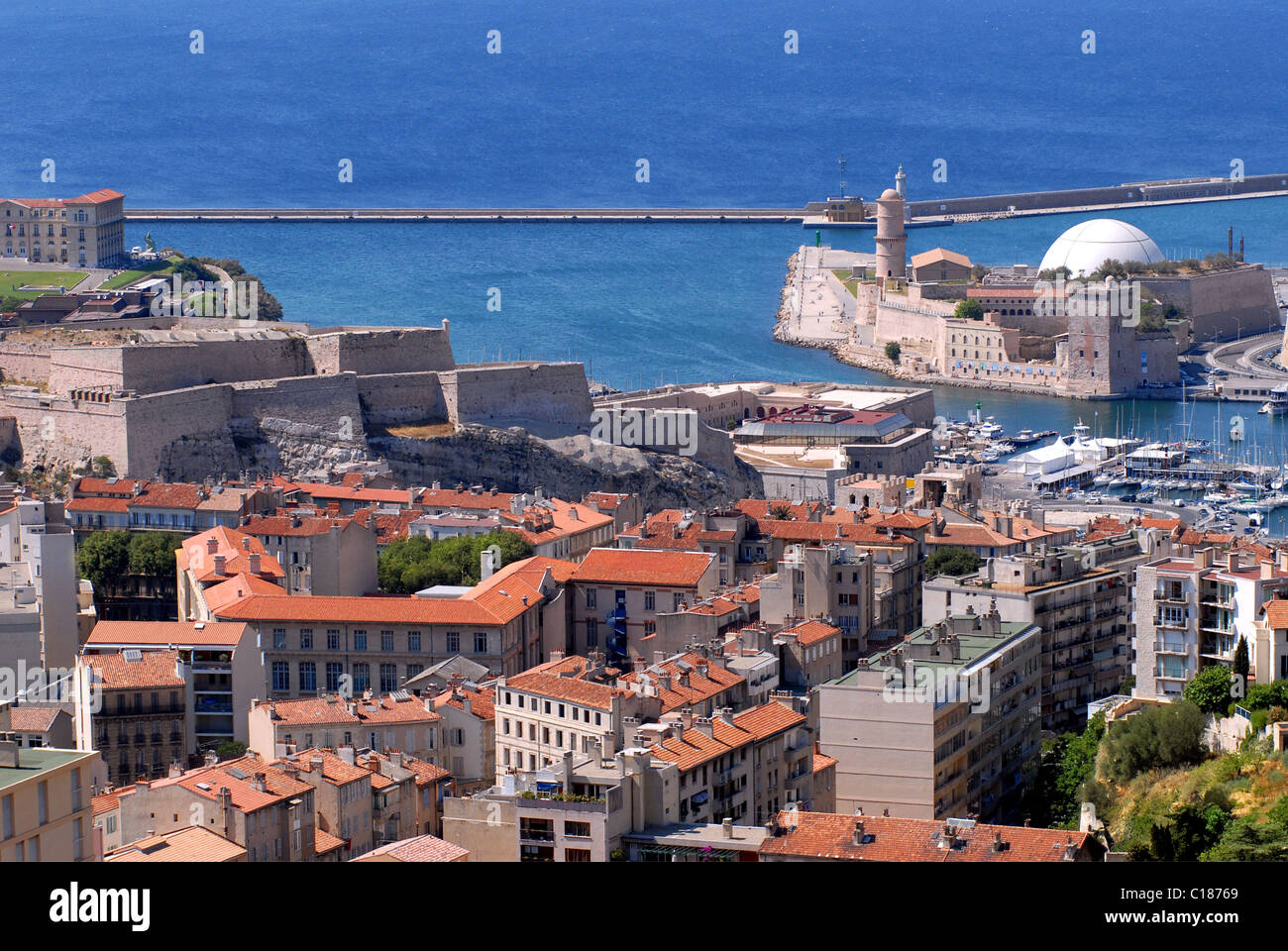 Aerial view of the harbour entrance of Marseille, or Marseilles, in ...