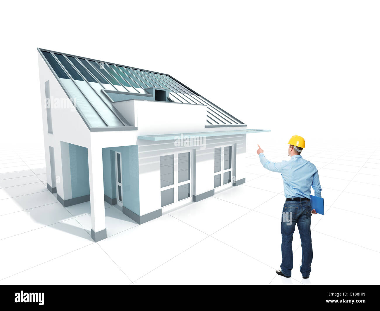 standing engineer point 3d house on white background Stock Photo - Alamy