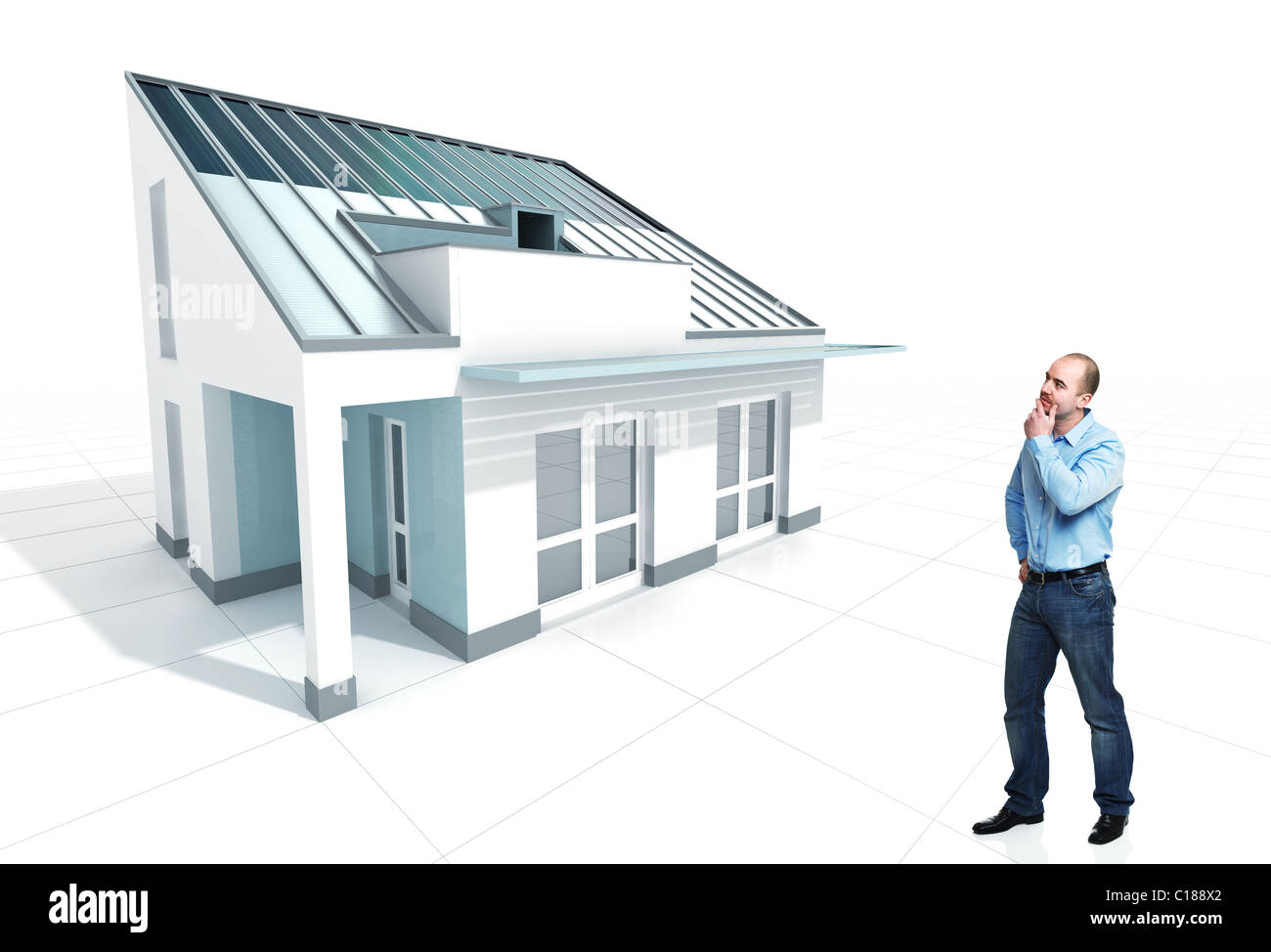 standing thinking man look 3d house on white background Stock Photo - Alamy