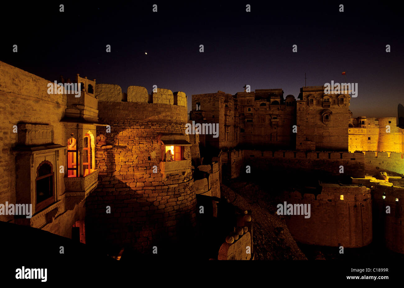 India Rajasthan State Jaisalmer fort the Raj Mahal Palace & the lighted ...