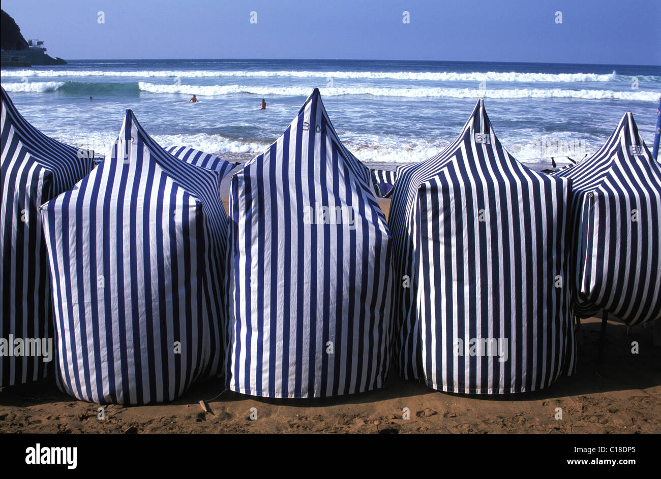 Spain, Basque Country, Guipuzcoa Province, multicoloured beach cabins ...