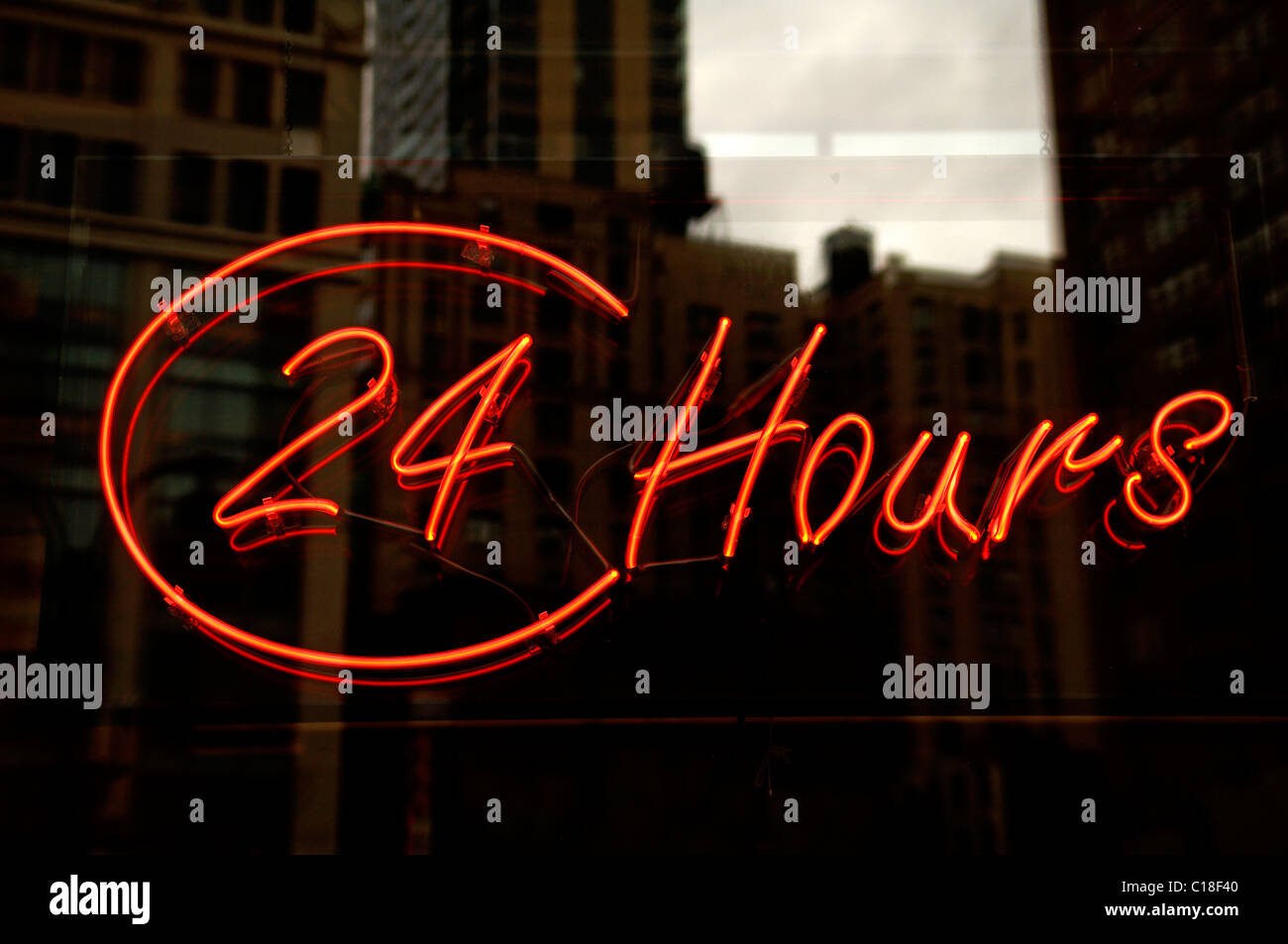 Neon sign reading 24 Hours, New York City, USA Stock Photo - Alamy