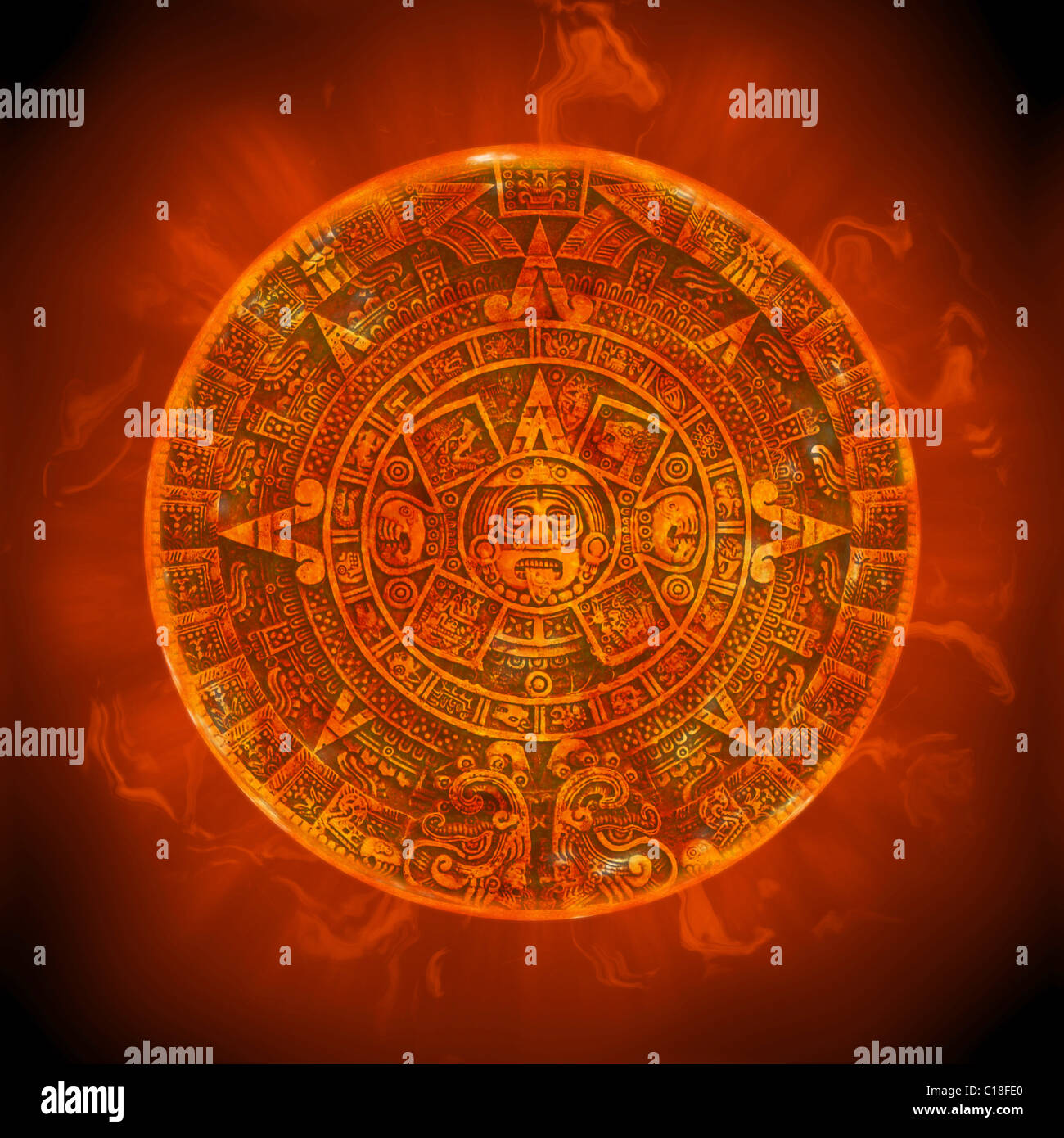 ancient Aztec stone calendar with red fire colors Stock Photo - Alamy