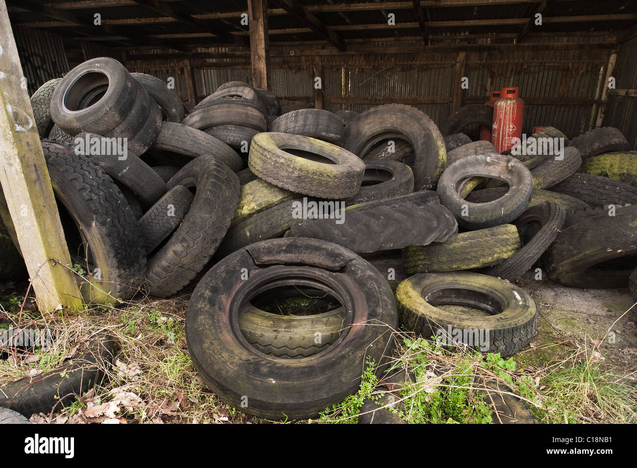 Old car lorry tyres, some for recycling failed mot Stock Photo - Alamy