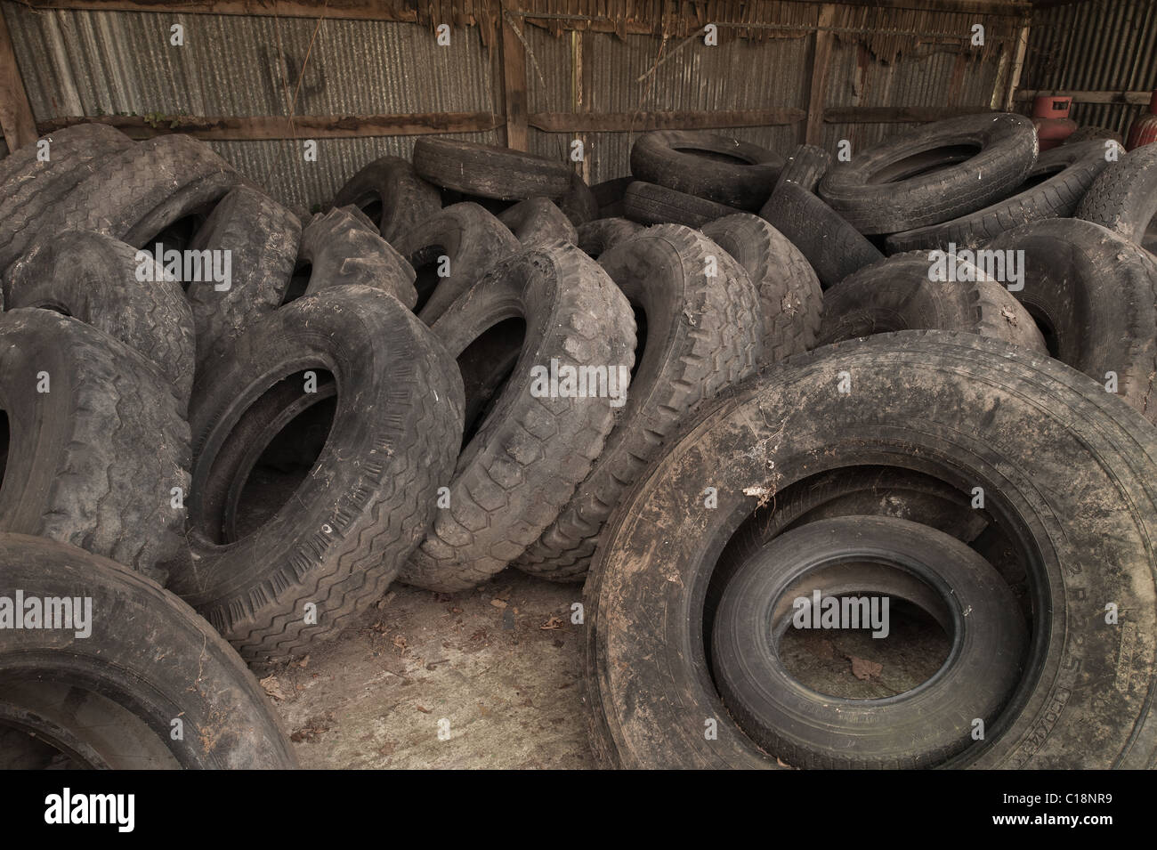 Old car lorry tyres, some for recycling failed mot Stock Photo - Alamy