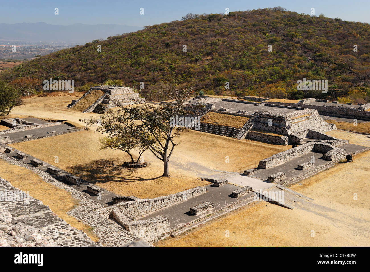 General view across lower plaza at Xochicalco in Morelos State, Mexico ...