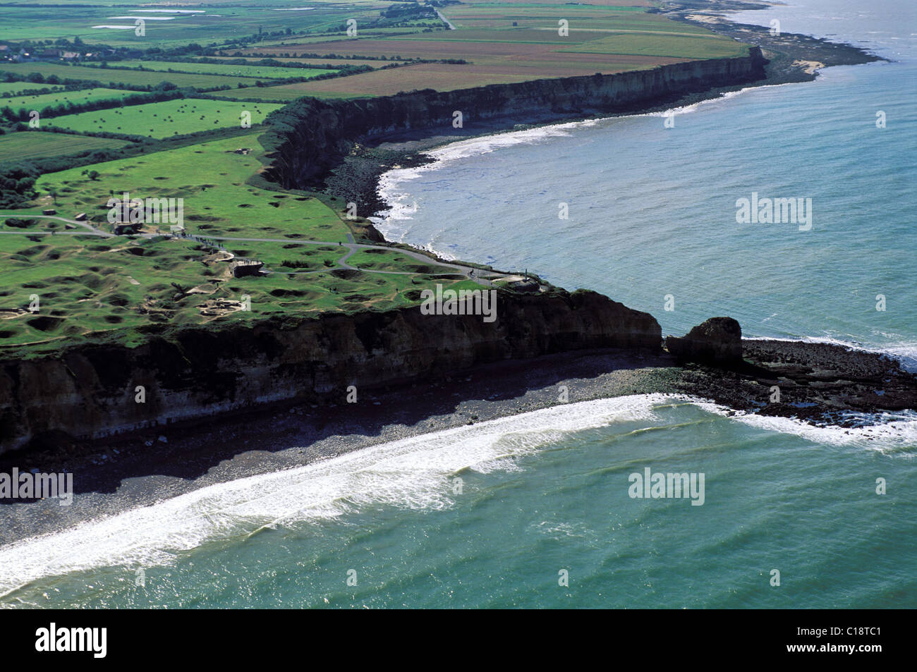 France, Calvados, Hoc headland with bomb holes made by the Normandy ...