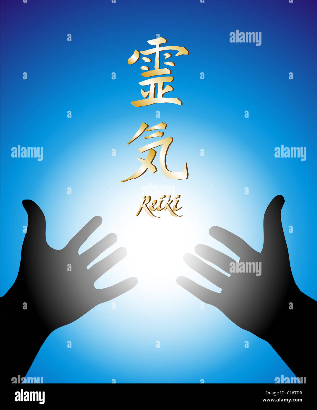 Vector illustration of two hands and calligraphic symbol of Reiki over ...