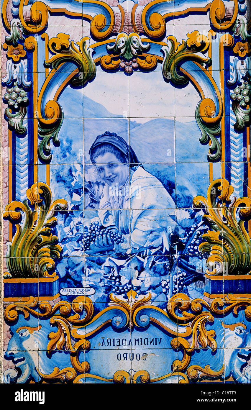 Portugal, Pinhao (Douro valley) azulejos on the wall of the train ...