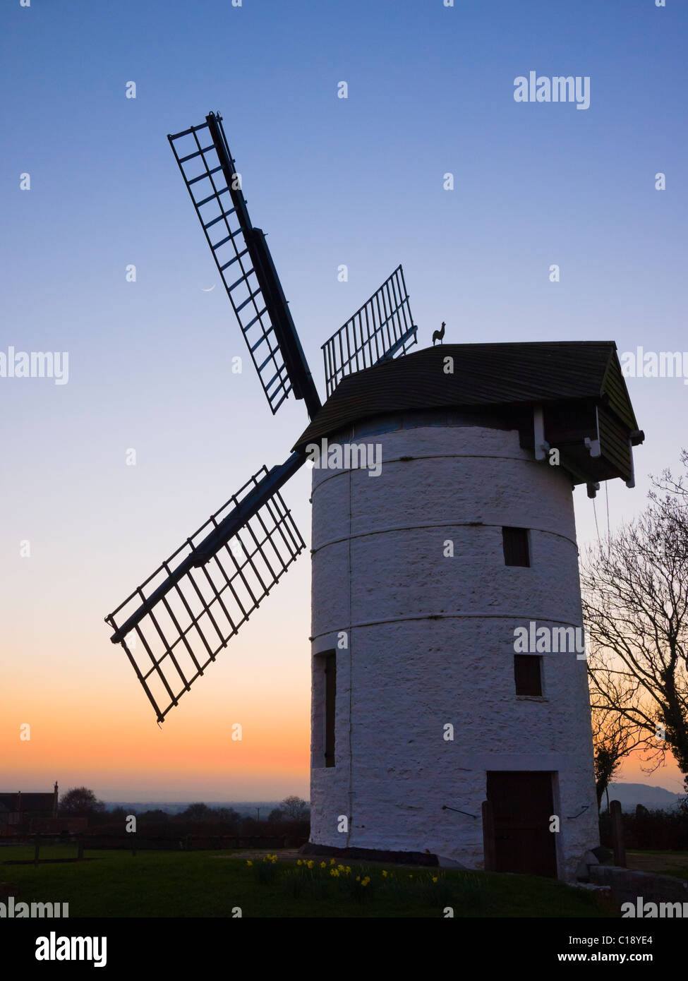 Ashton Windmill at dusk. Chapel Allerton, Somerset, England Stock Photo ...