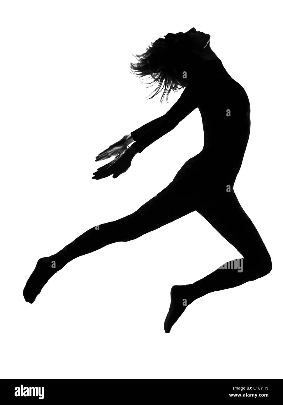 one woman modern dancer dancing exercising workout in shadow silhouette ...