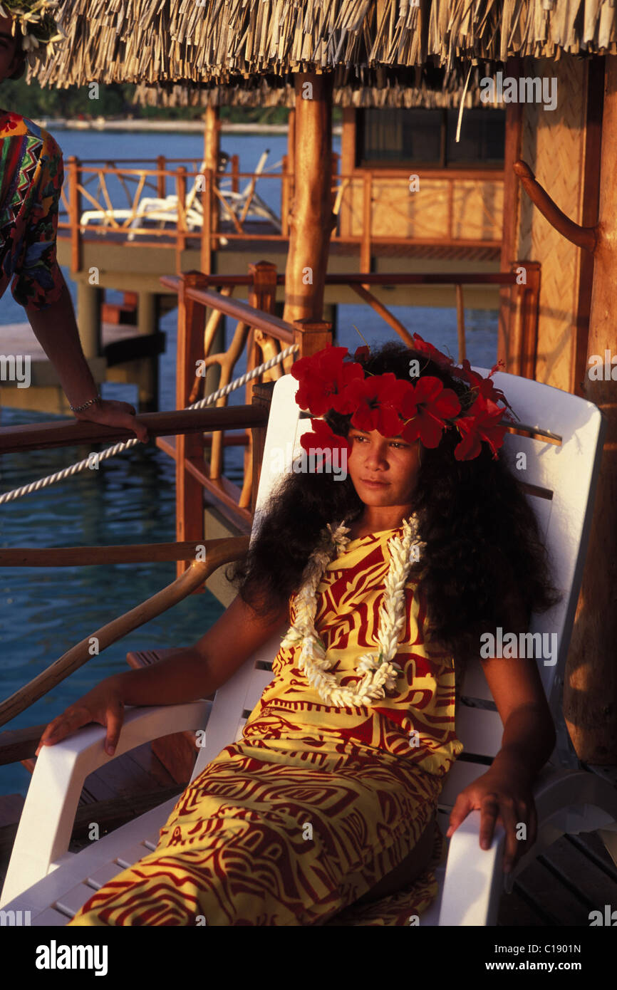 France, French Polynesia, Rangiroa atoll, a young Polynesian wearing a ...