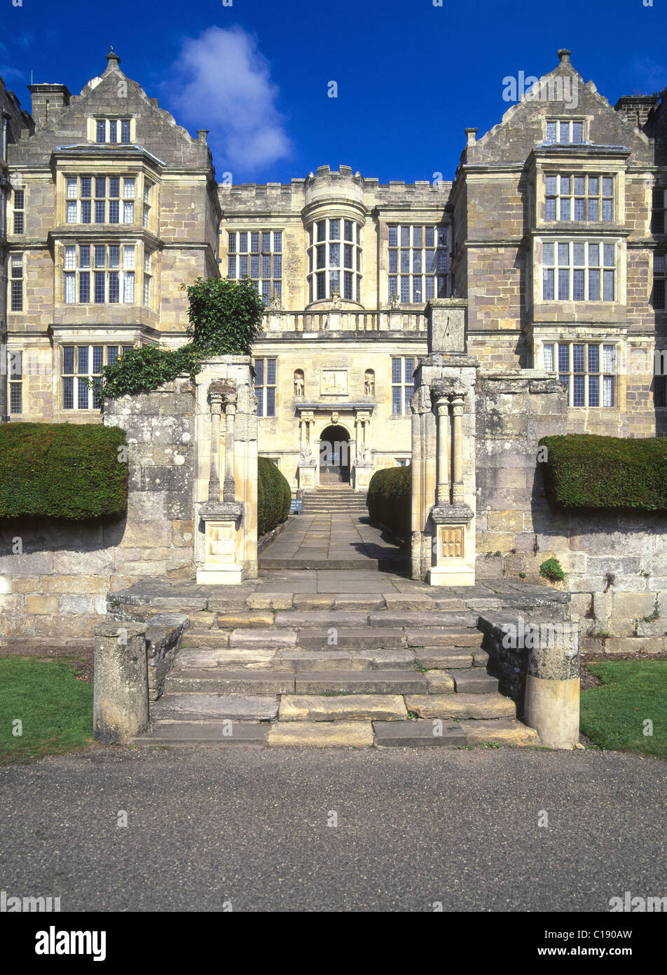 Stone steps up to historical Fountains Hall country house mansion ...