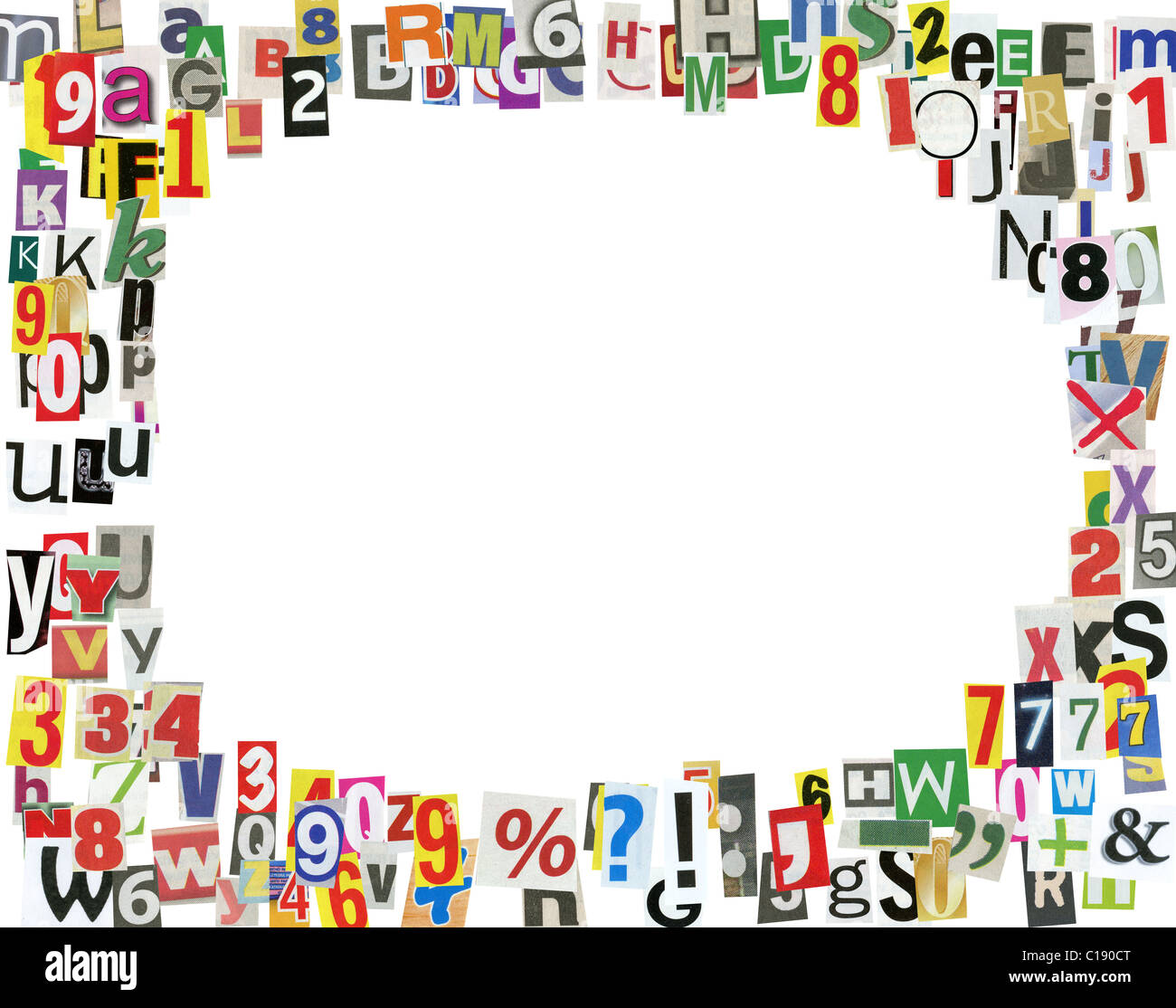 Picture frame, made of newspaper letters, numbers and punctuation marks ...