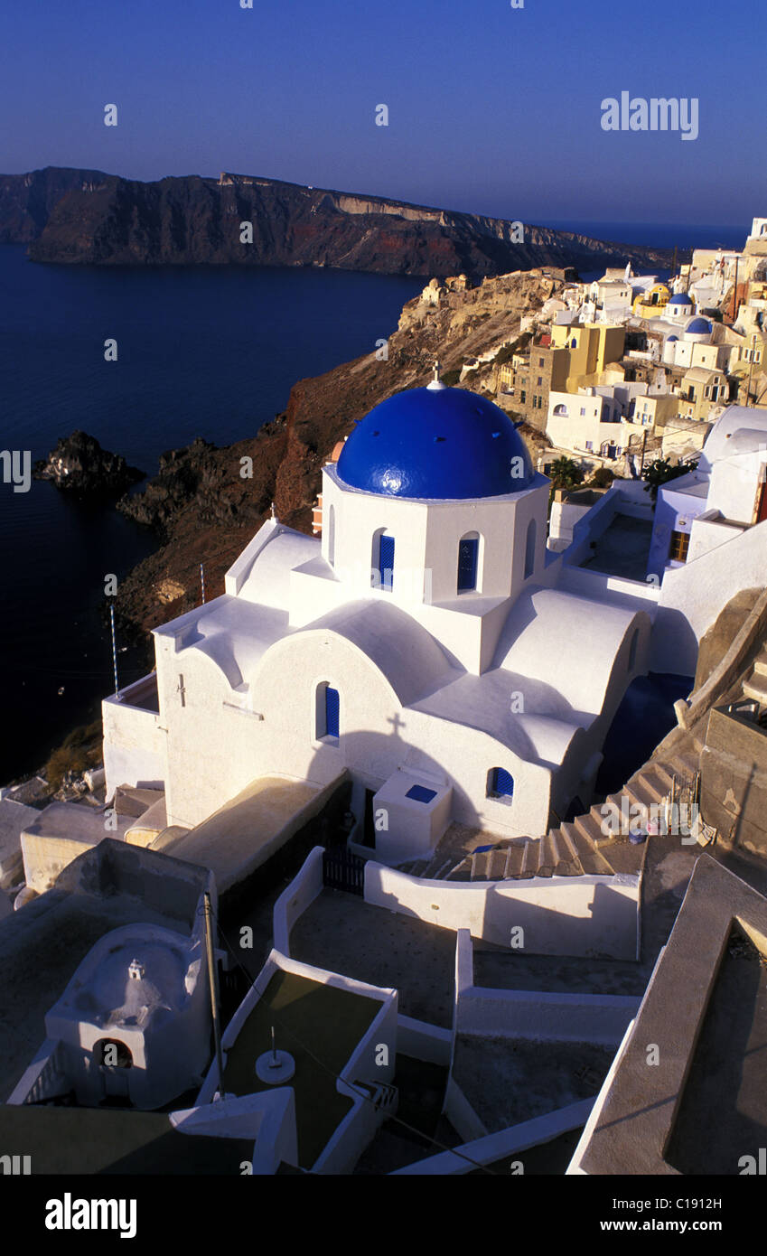 Greece, Cyclades Islands, Santorini Island, Oia, church with blue dome ...